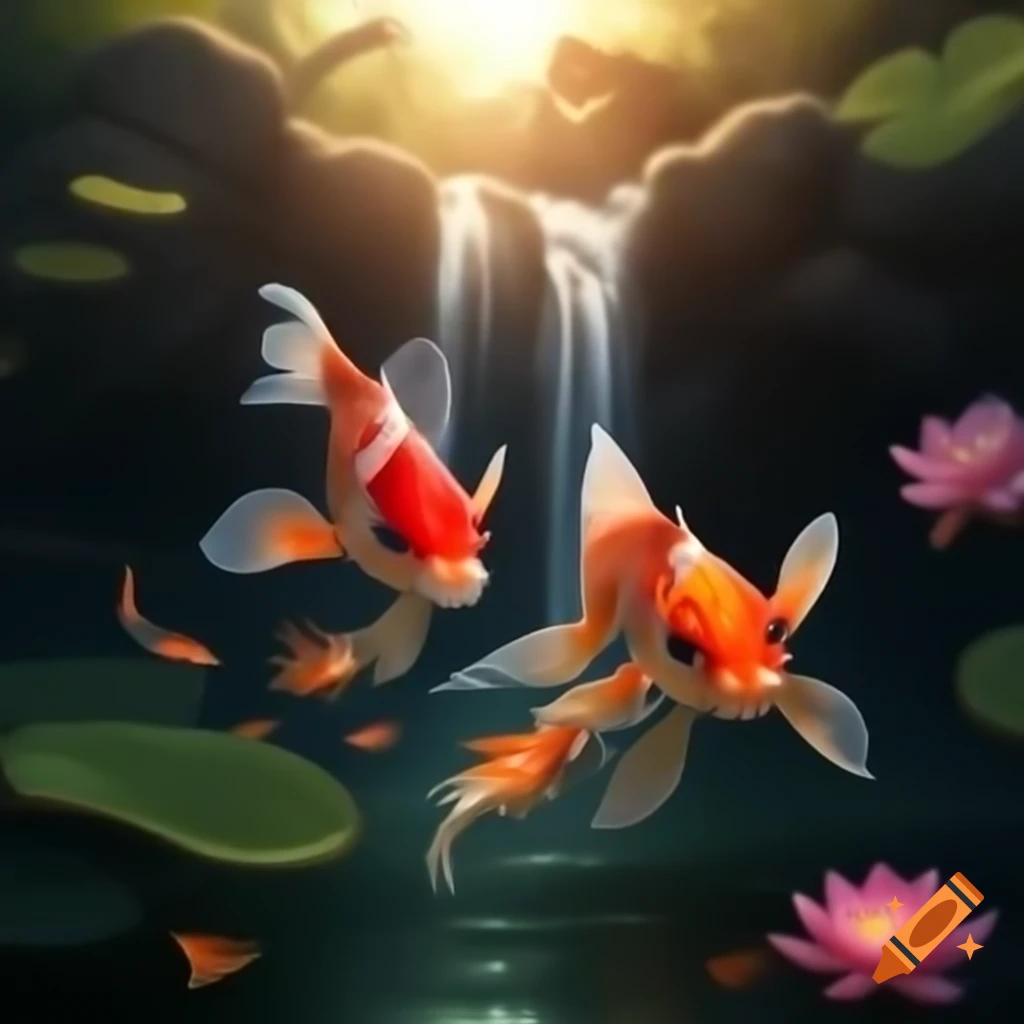 Tancho butterfly koi carp swimming under golden sunrise waterfall with ...