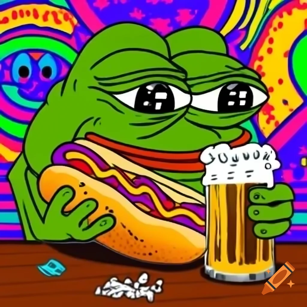 Psychedelic Pepe the Frog holding hotdog and beer on Craiyon