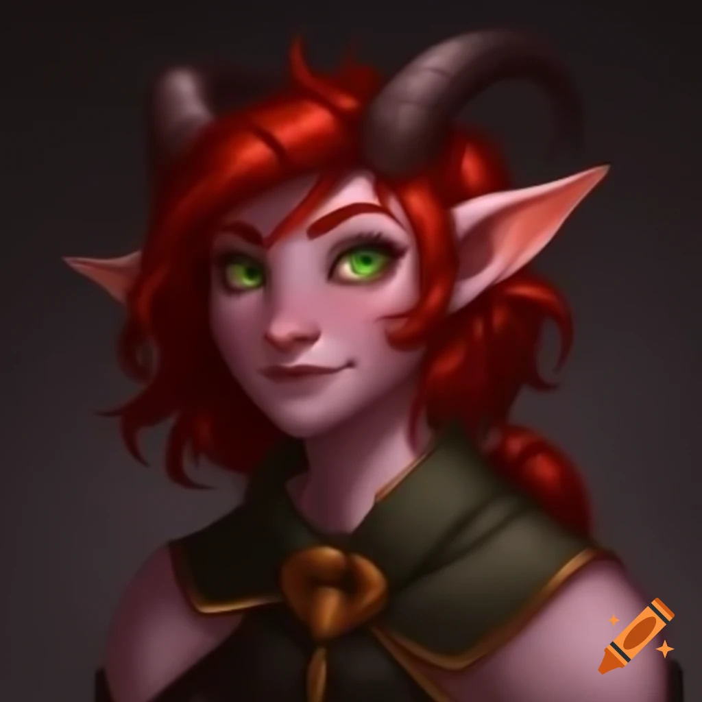 Realistic female tiefling cleric with red hair and green eyes, full body portrait on Craiyon