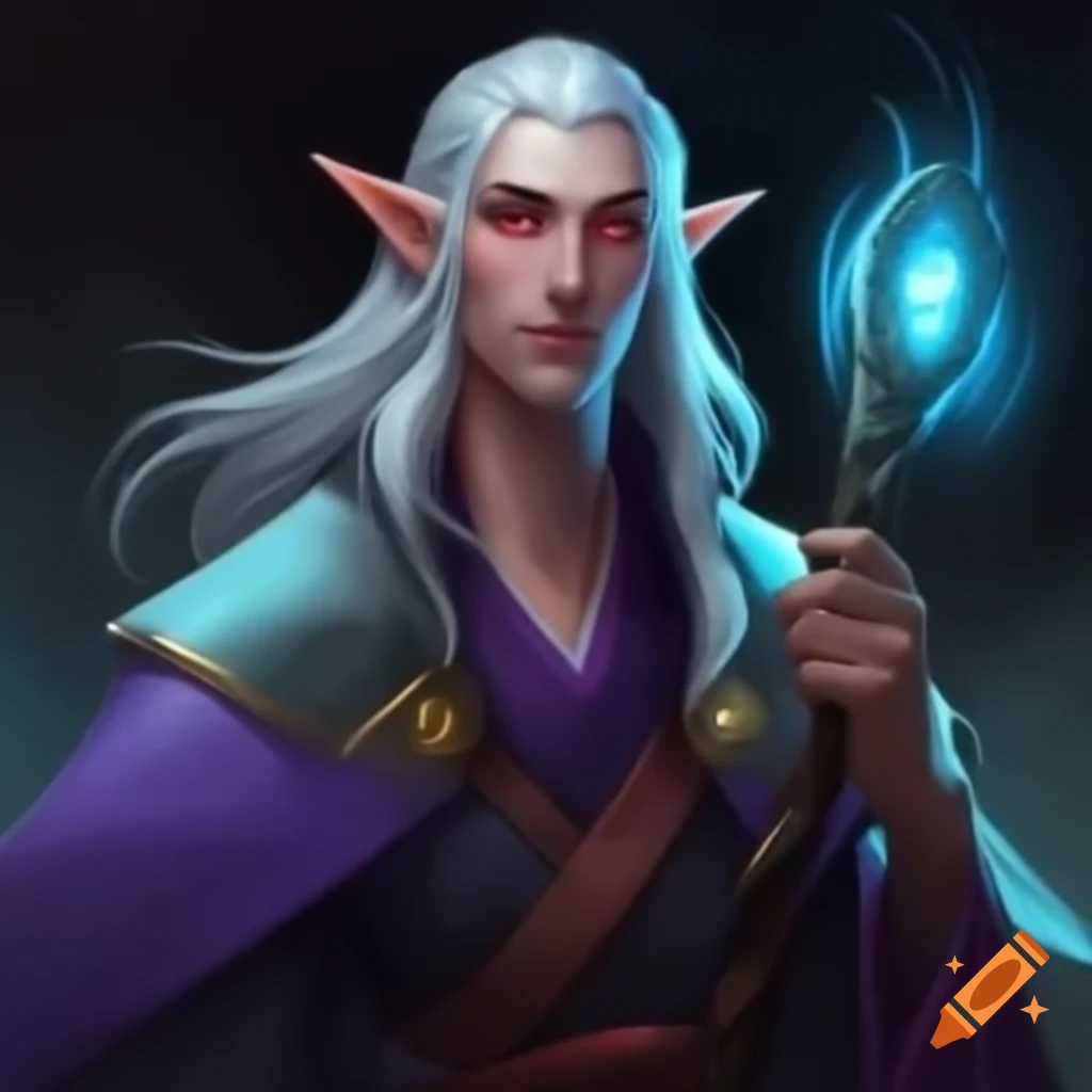 Majestic elven wizard portrait with long silver hair and refined ...