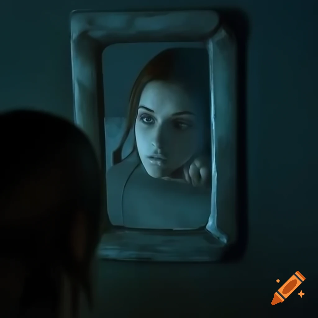 Emma confronting her reflection in an antique mirror with a mix of fear ...