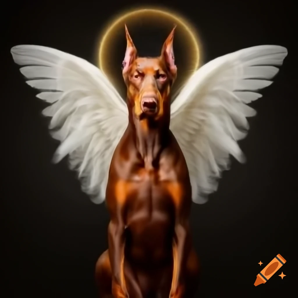 Doberman with angel wings and halo, red and rust colors on Craiyon