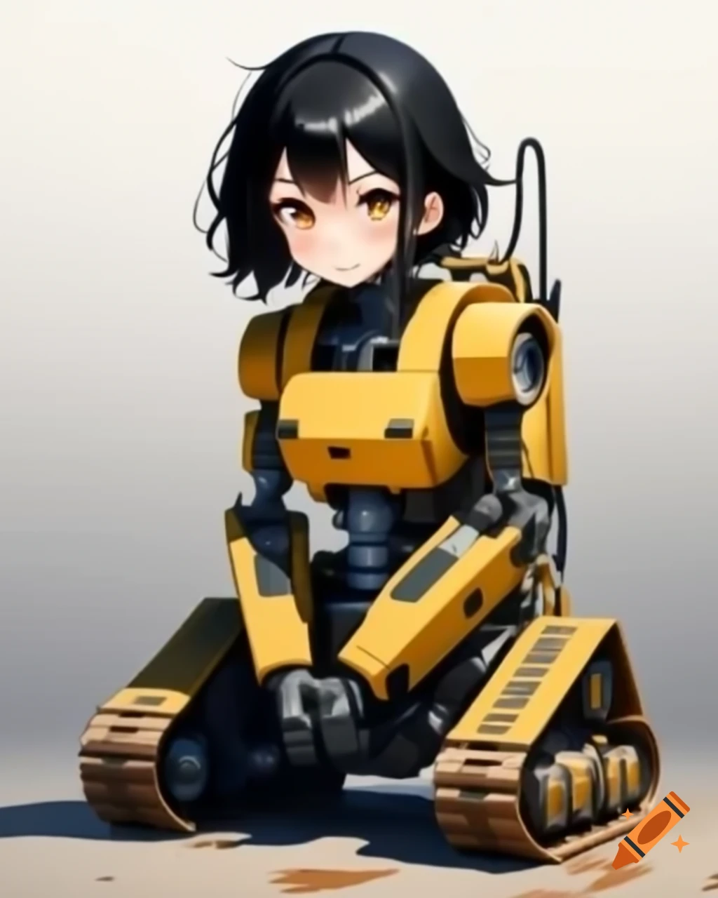 Cheerful feminine robot woman with black hair and excavator body in ...