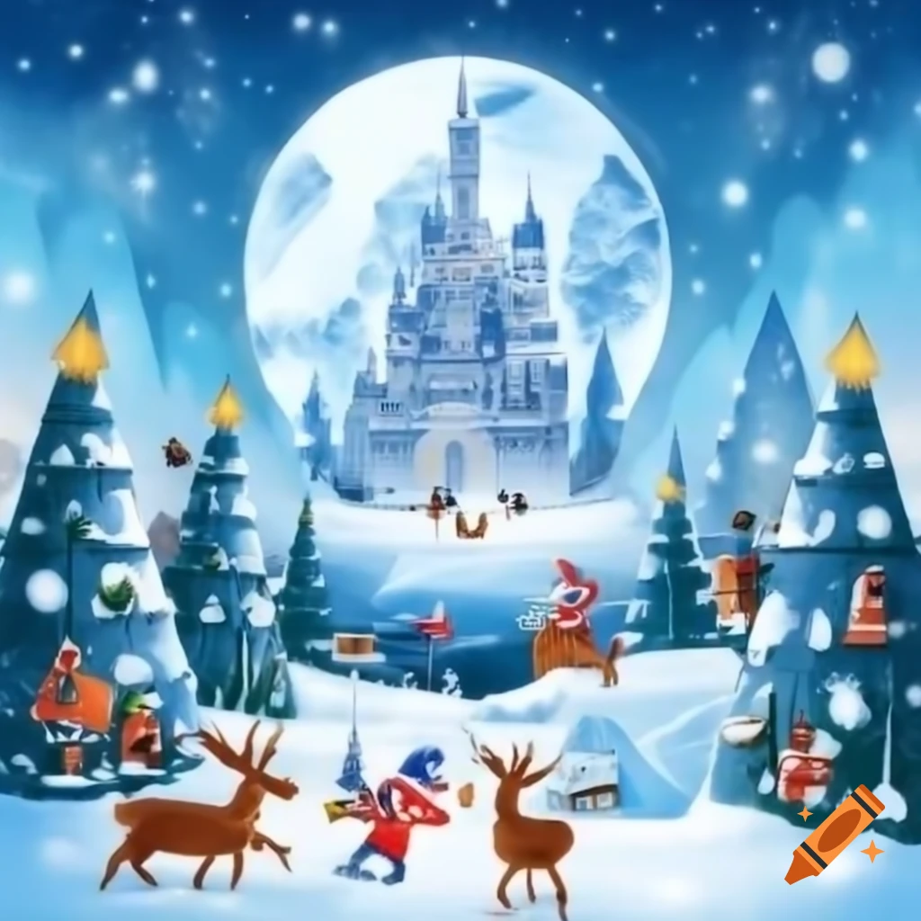 Bitmoji Christmas landscape with reindeer, trees, and ice globe castle ...