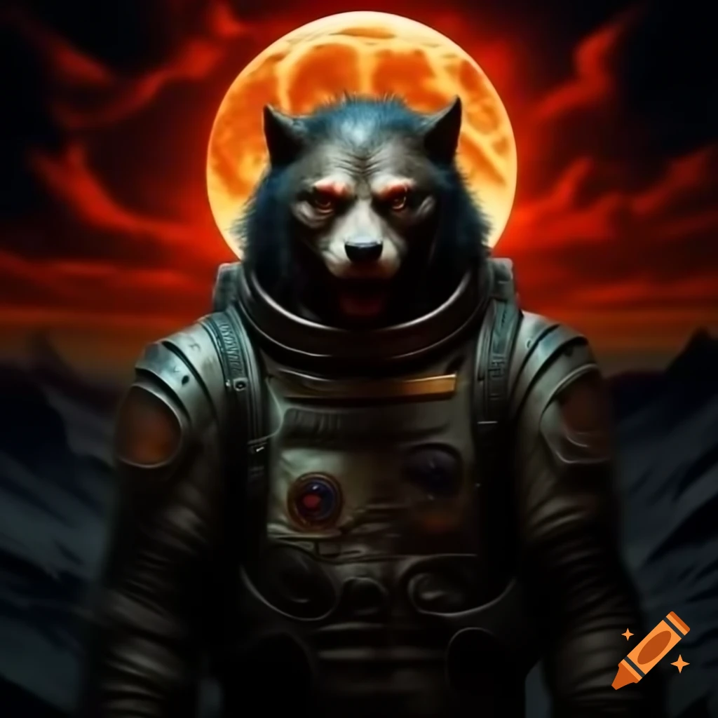 Lunar werewolf howling beneath crimson moon in torn spacesuit on Craiyon