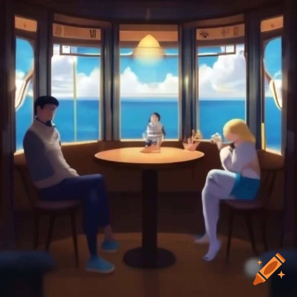 Cozy seaside bar with ocean view and a man sitting at a wooden chair on ...