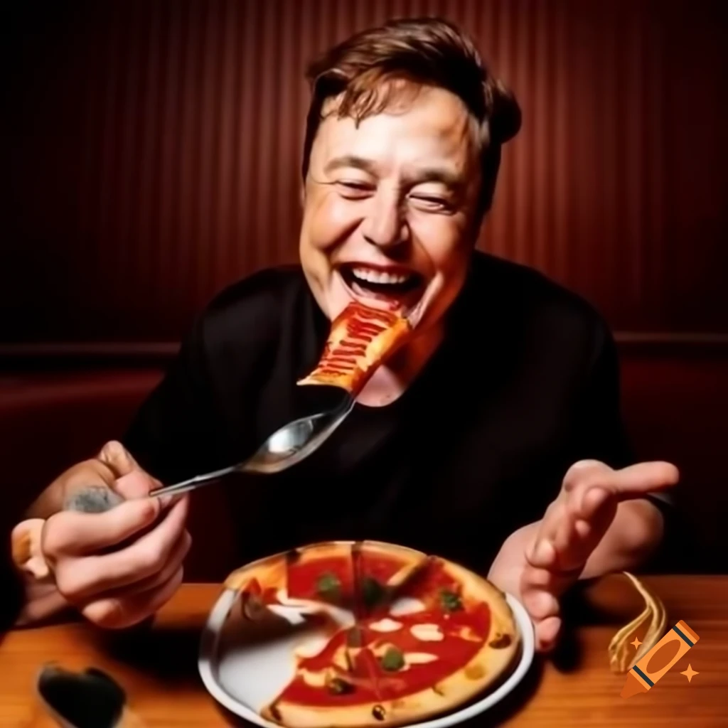 Elon Musk humorously eating pizza with a spoon on Craiyon