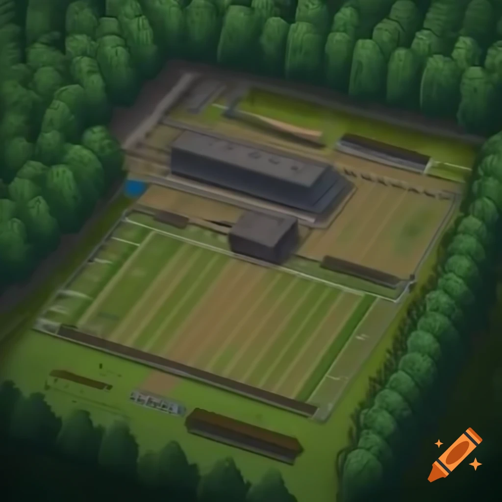 Anime depiction of military complex with training grounds and dormitory ...