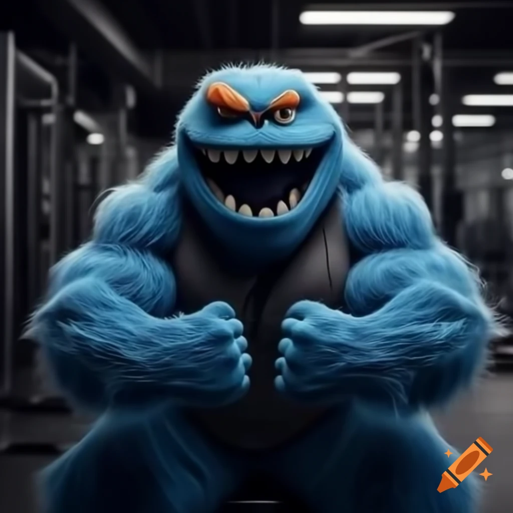 Cookie monster flexing muscles after workout, playful expression on Craiyon