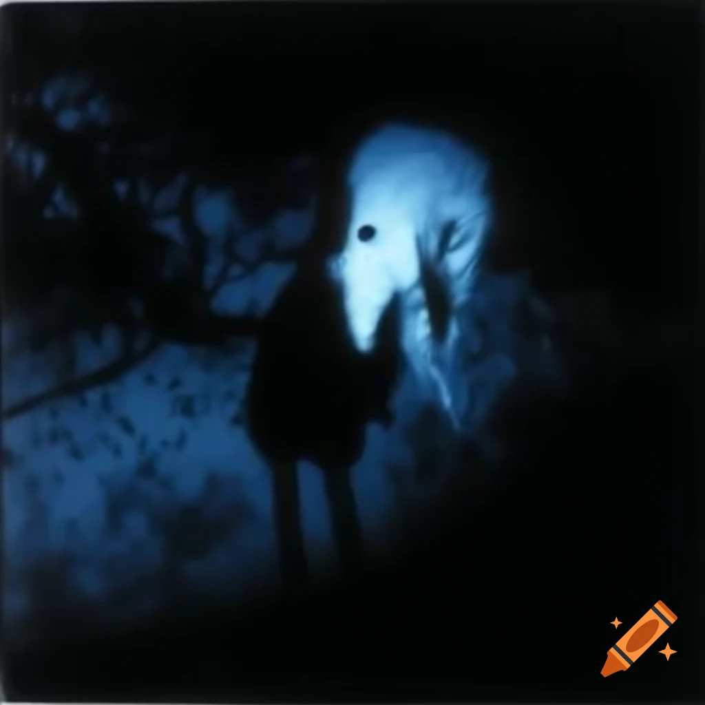 Grainy night-vision image of unusual shadow among trees on Craiyon