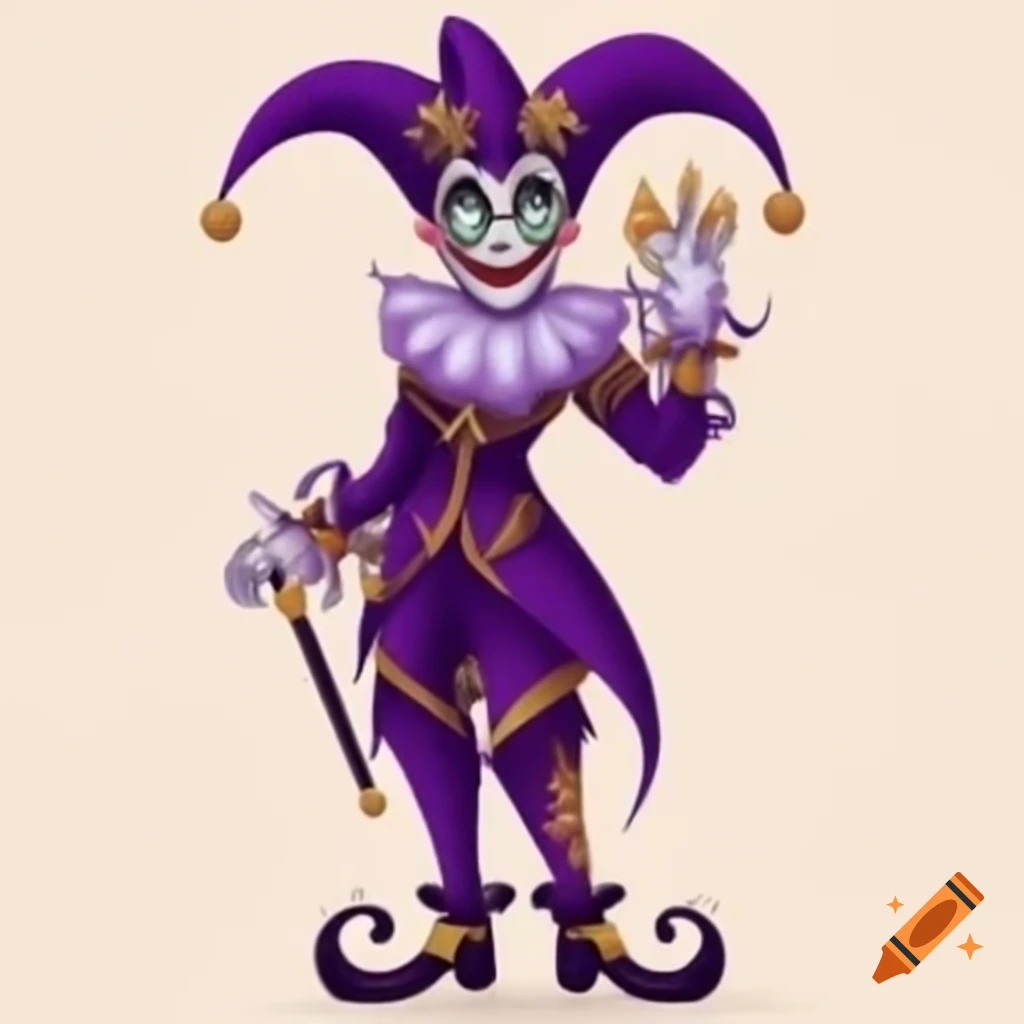 Regal jester in purple and gold with an evil grin on Craiyon