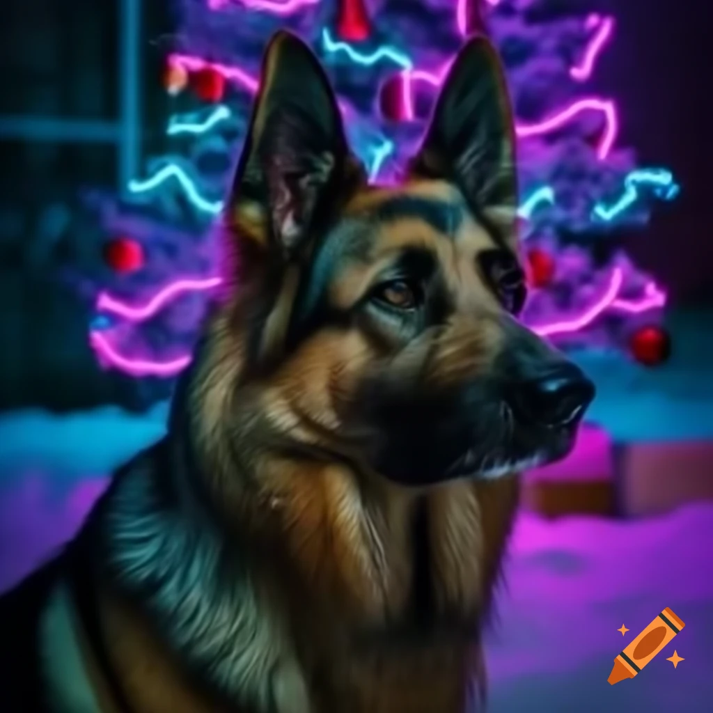 German shepherd beside neon Christmas tree in snow on Craiyon