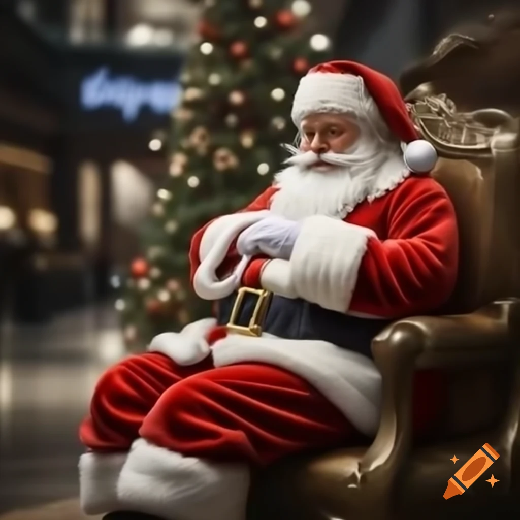Tired Santa sitting in mall department store on Christmas Eve, hyper ...