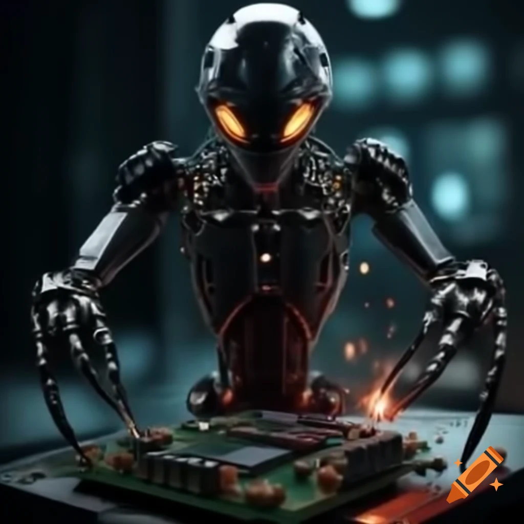 Black robotic alien attacking circuit board with sparking electrical ...