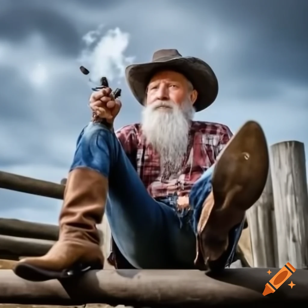 Cowboy with gray beard and tall boots sitting on fence, smoking cigar ...