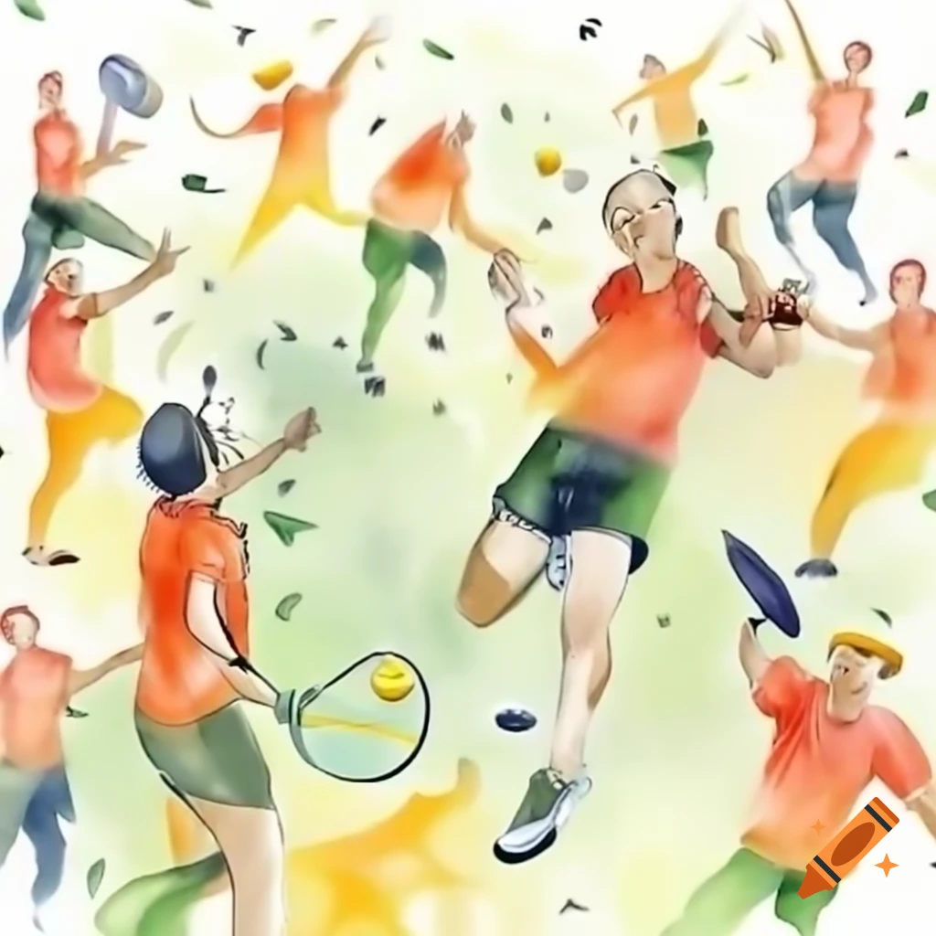 Dynamic action shots of cricket, badminton, table tennis, and football with carrot-themed ...