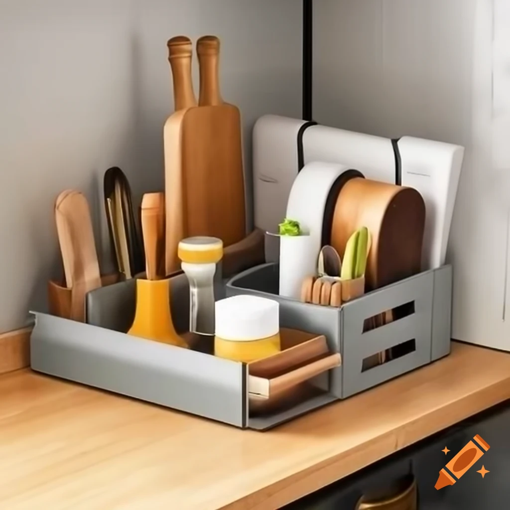 Modern kitchen utensil organizer with cutlery, cutting boards, pots ...