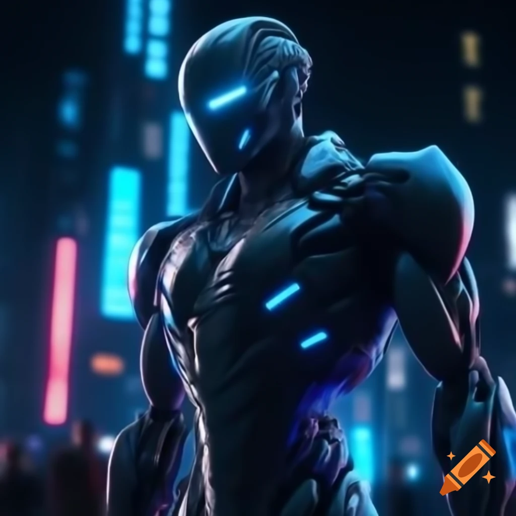 Midnight blue cyborg performing acrobatic feat in vibrant cyberpunk ...