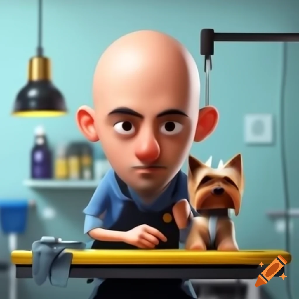 Cartoon of bald young man grooming Yorkshire Terrier at table on Craiyon