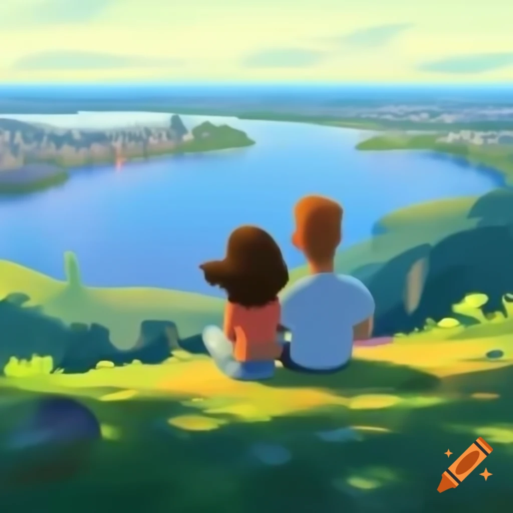 Animated couple on hilltops overlooking city and lake on Craiyon