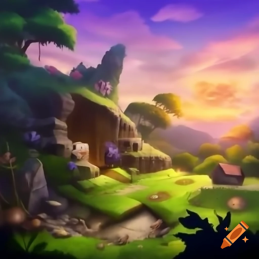 Enchanted environment with nature and small village at sunset on Craiyon