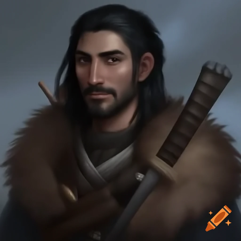 Nomadic hunter in furs with sword and bow, black hair and grey eyes on ...