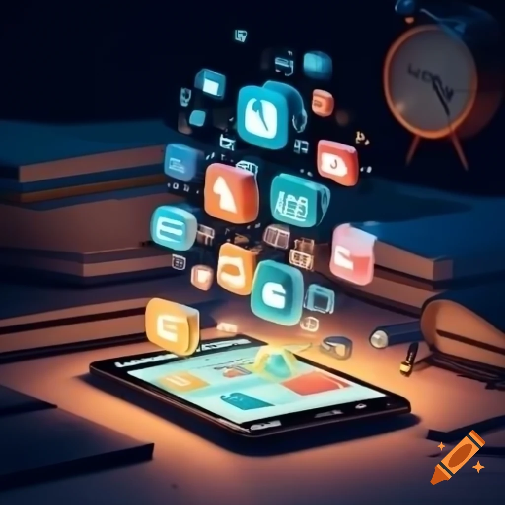 Cozy setup of digital CBT tools with smartphone and calming abstract visuals on Craiyon