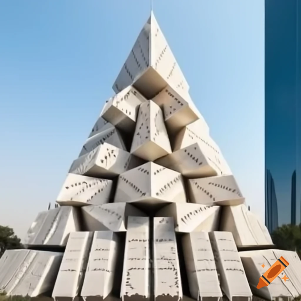 Pyramid-shaped stack of platinum bars towering above skyscraper on Craiyon