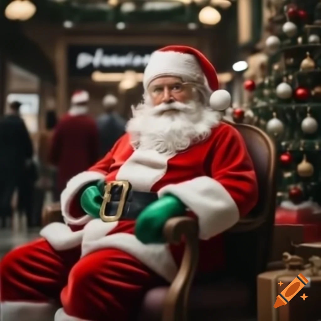 Tired Santa sitting in mall department store on Christmas Eve, hyper ...
