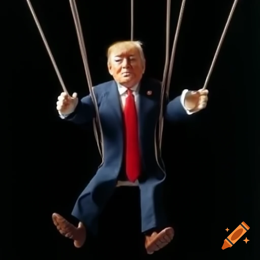 Political satire featuring puppet of Donald Trump on strings on Craiyon