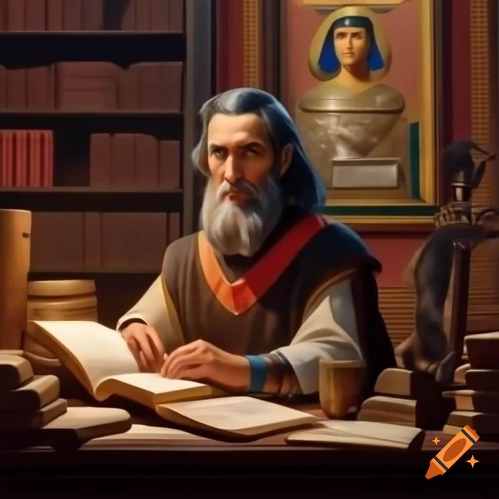 Historian working in library with ancient scrolls and Cleopatra VII ...