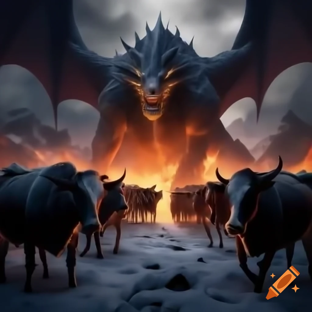 Cows defending snowy mountain from fire-breathing dragons in epic ...