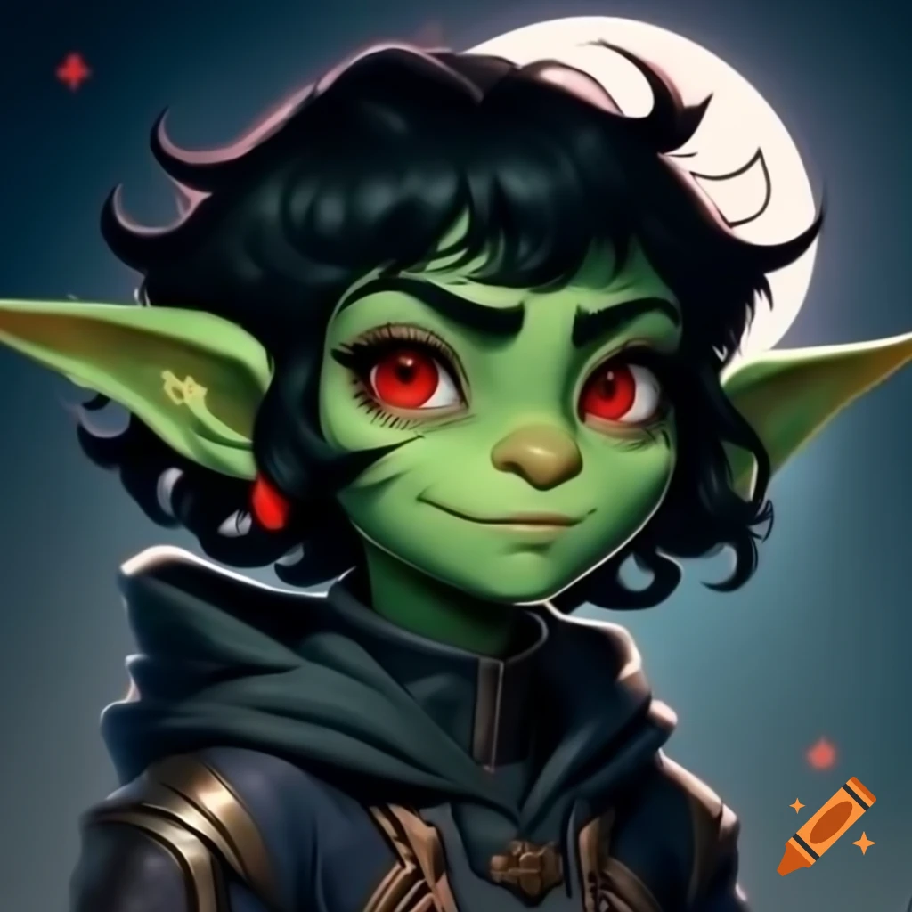 Friendly goblin in futuristic Artificer outfit under full moon, manga ...