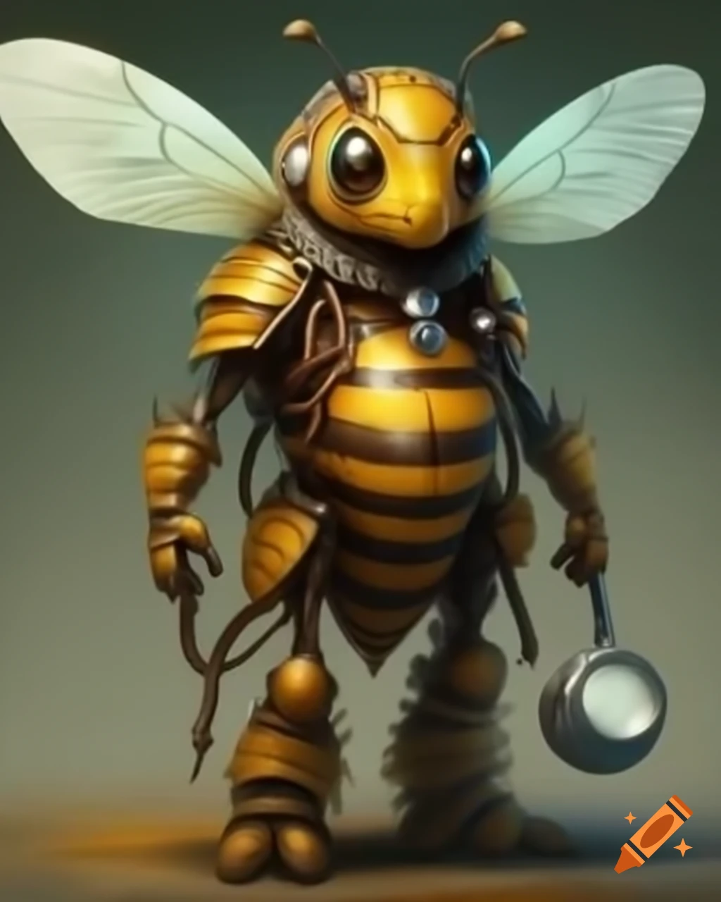 Enormous bee doctor in steampunk armor with stethoscope on Craiyon