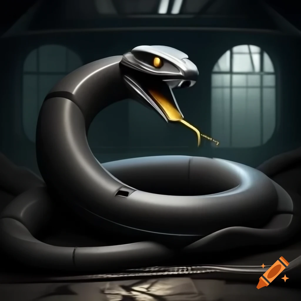 Colossal robotic snake with glowing yellow eyes in abandoned sci-fi facility on Craiyon