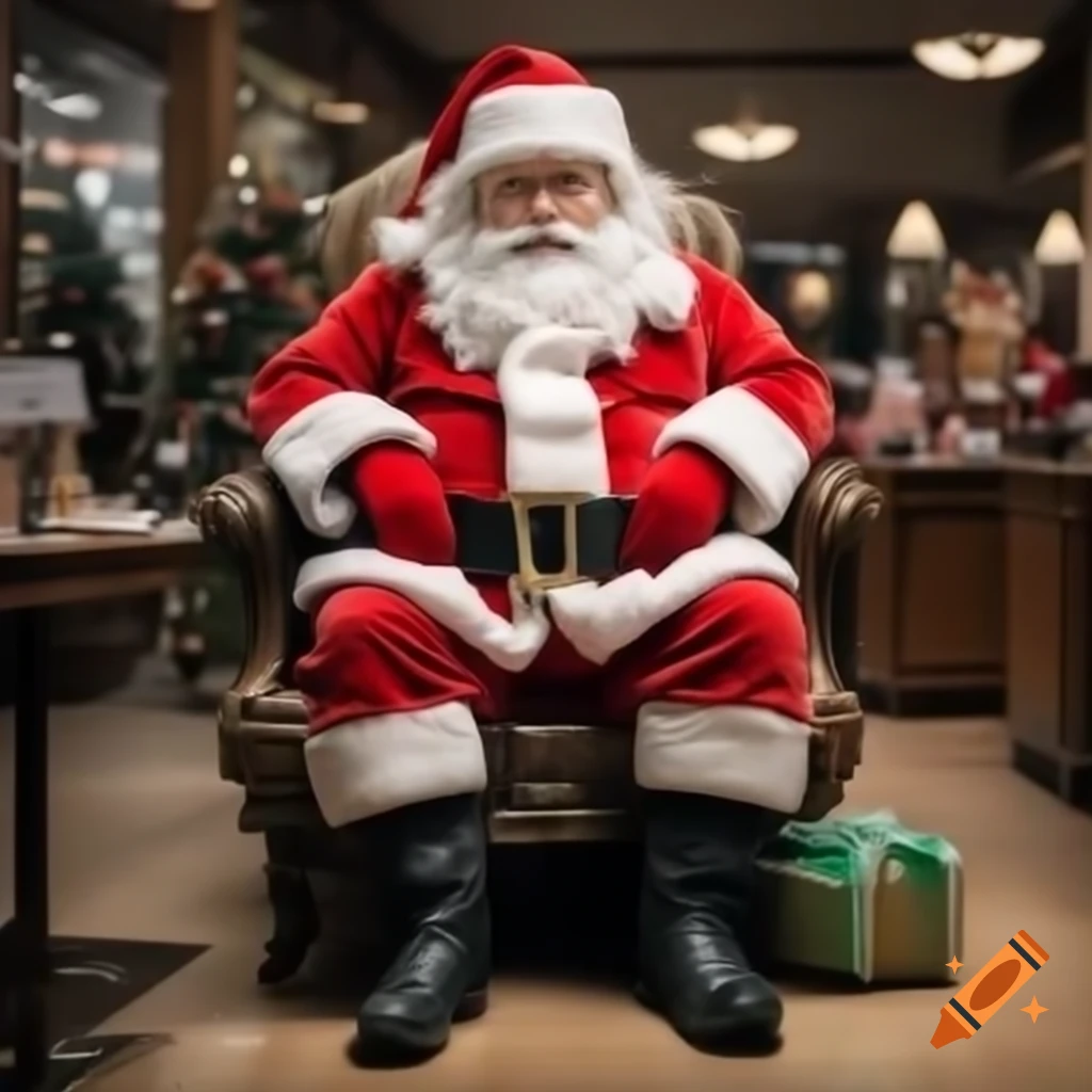Tired Santa sitting in mall department store on Christmas Eve, hyper ...