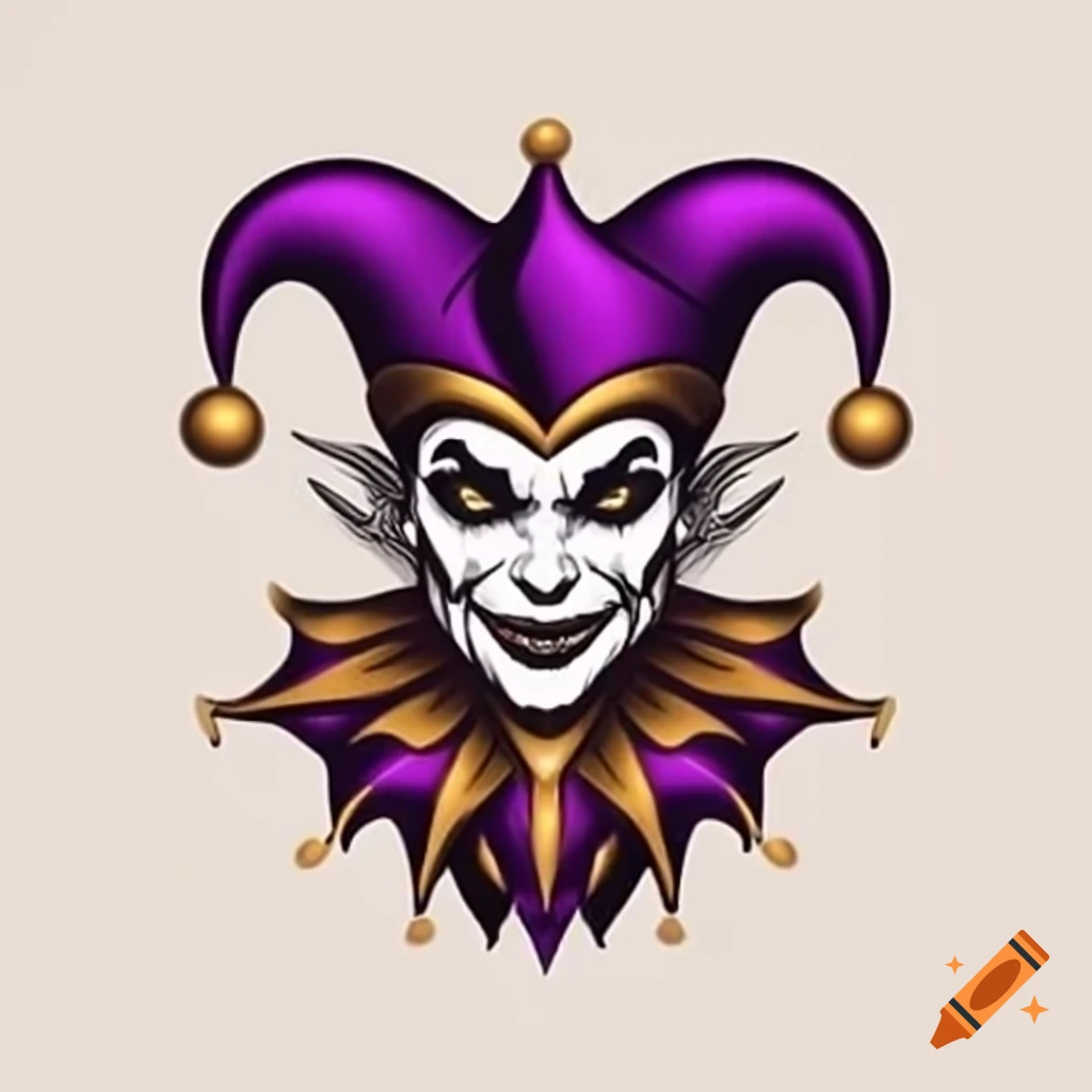 Regal jester in purple and gold with an evil smile on Craiyon