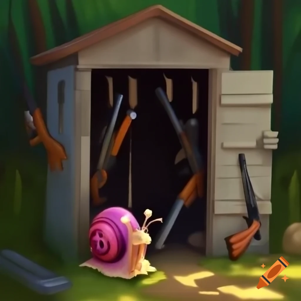 Shed featuring guns and a pink snail in a whimsical setting on Craiyon