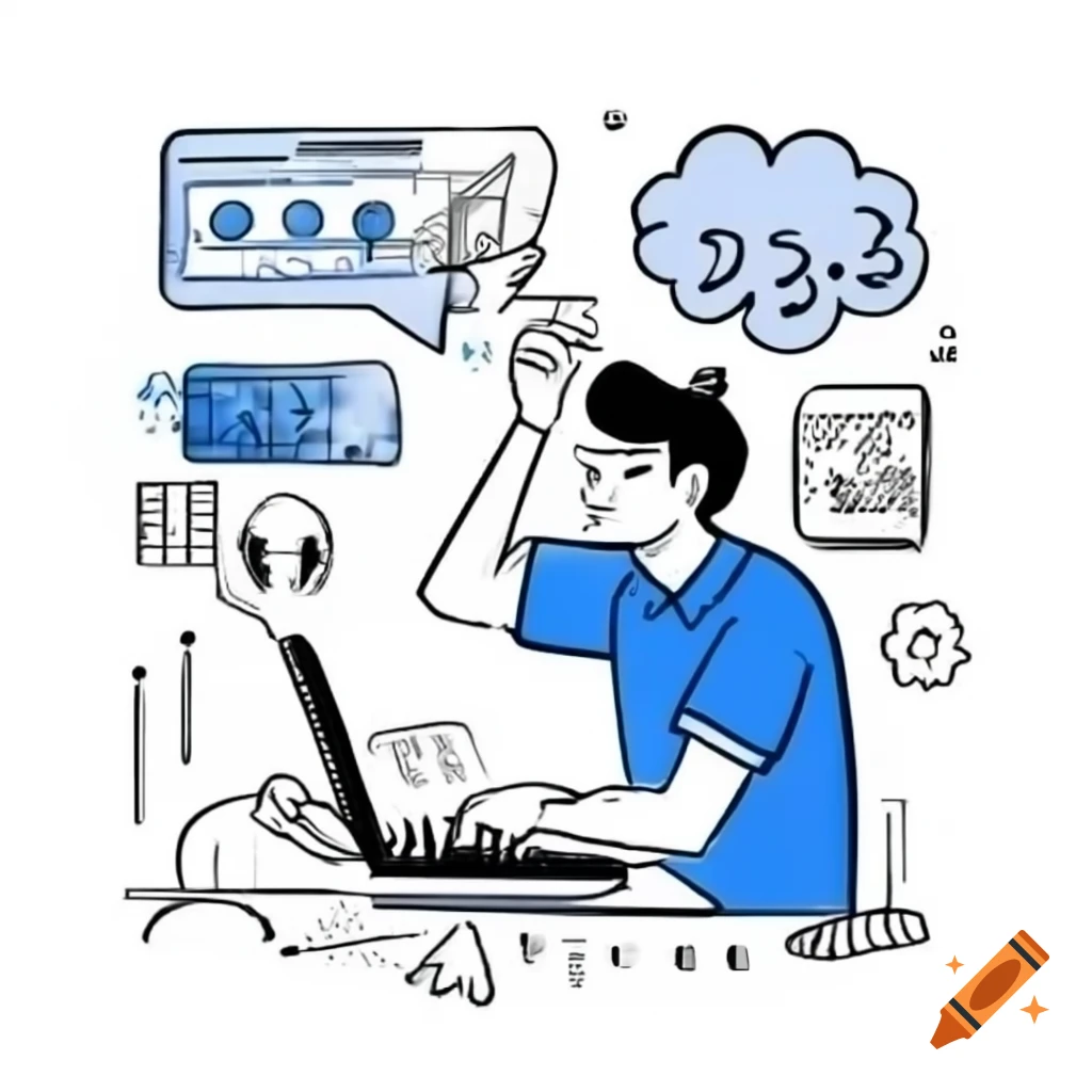 Confused software developer surrounded by chaotic information and technologies on Craiyon