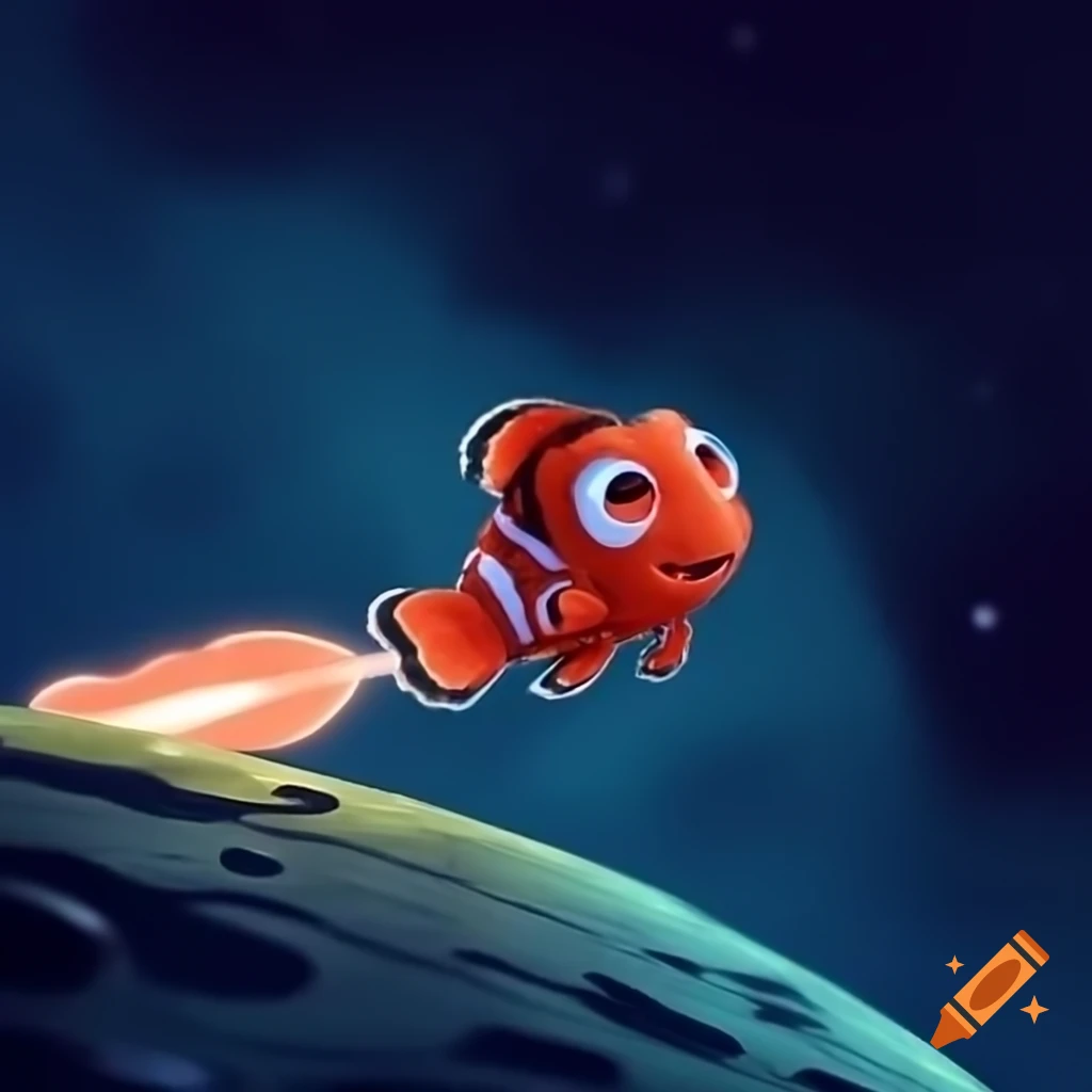Cartoon fish resembling nemo on lunar adventure in red rocket on Craiyon