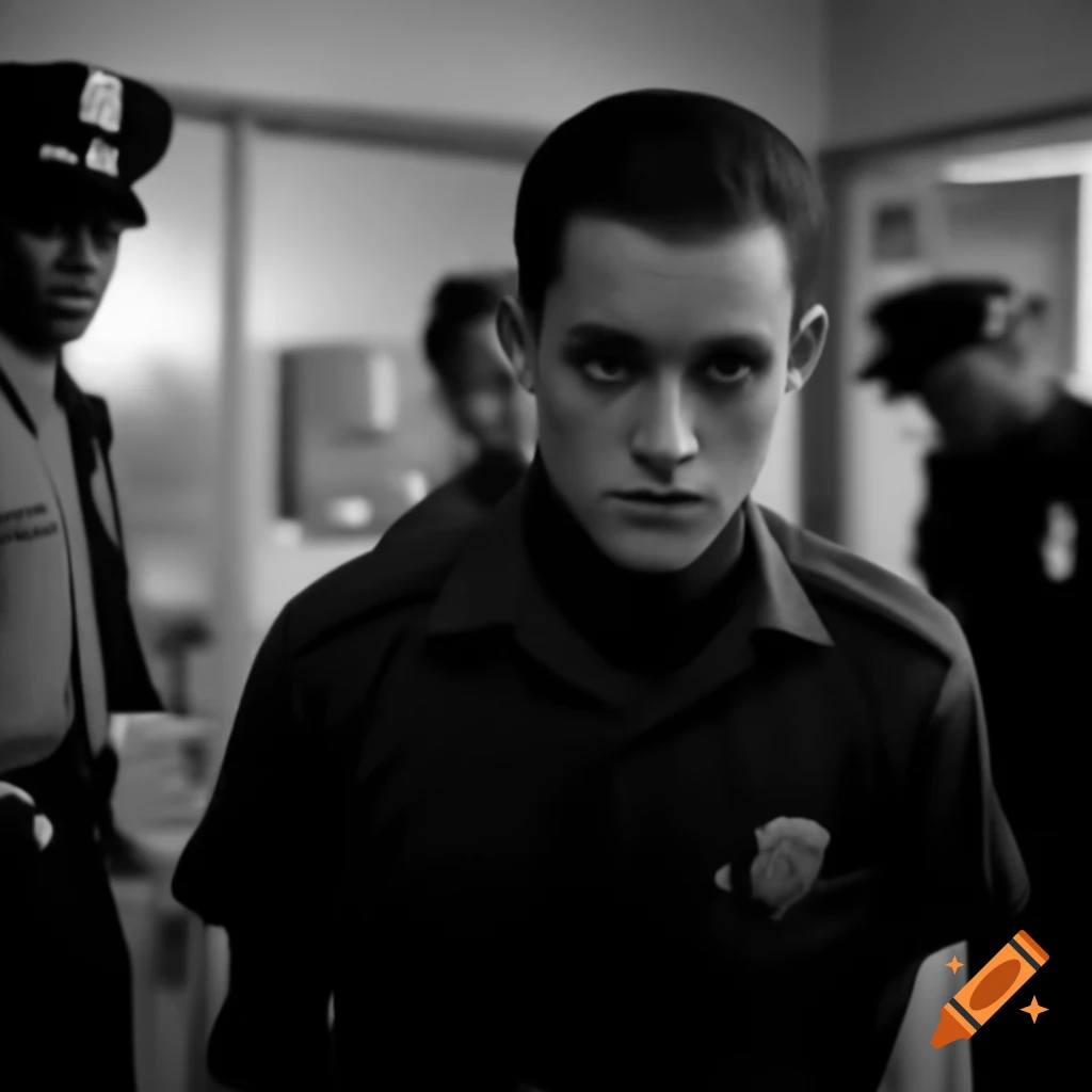 Scared, skinny police intern in a noir film setting on Craiyon