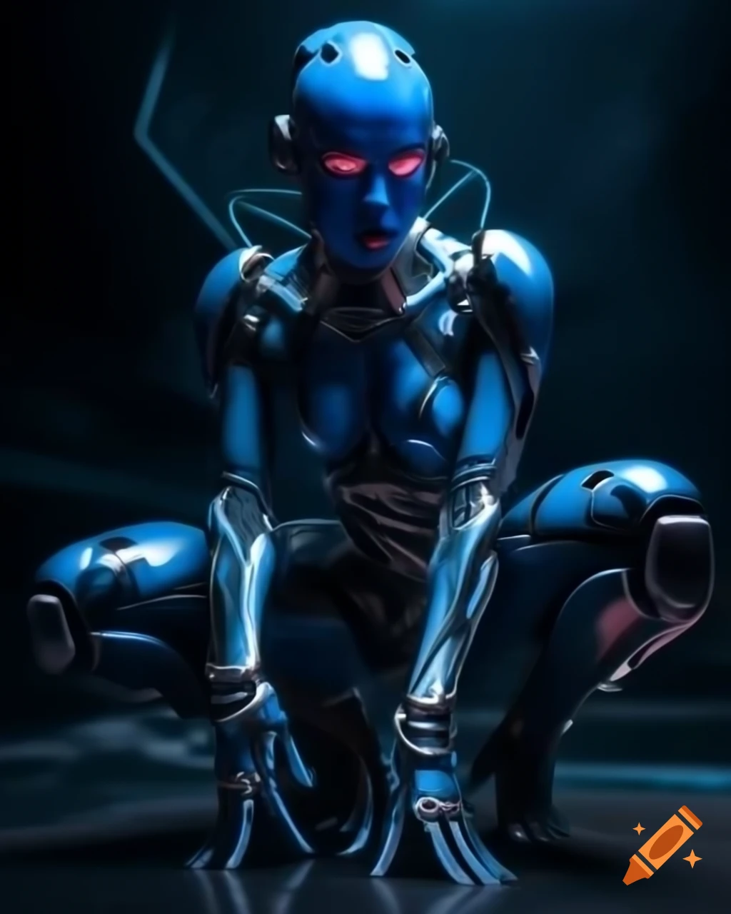 Midnight-blue cyborg performing acrobatic maneuver in cyberpunk ...