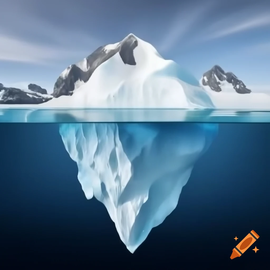 Side and underwater view of iceberg shaped like mountain on Craiyon