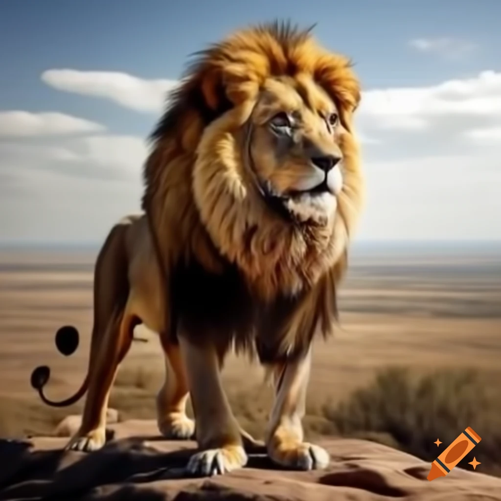 Majestic lion with flowing mane on rocky cliff overlooking savanna on ...