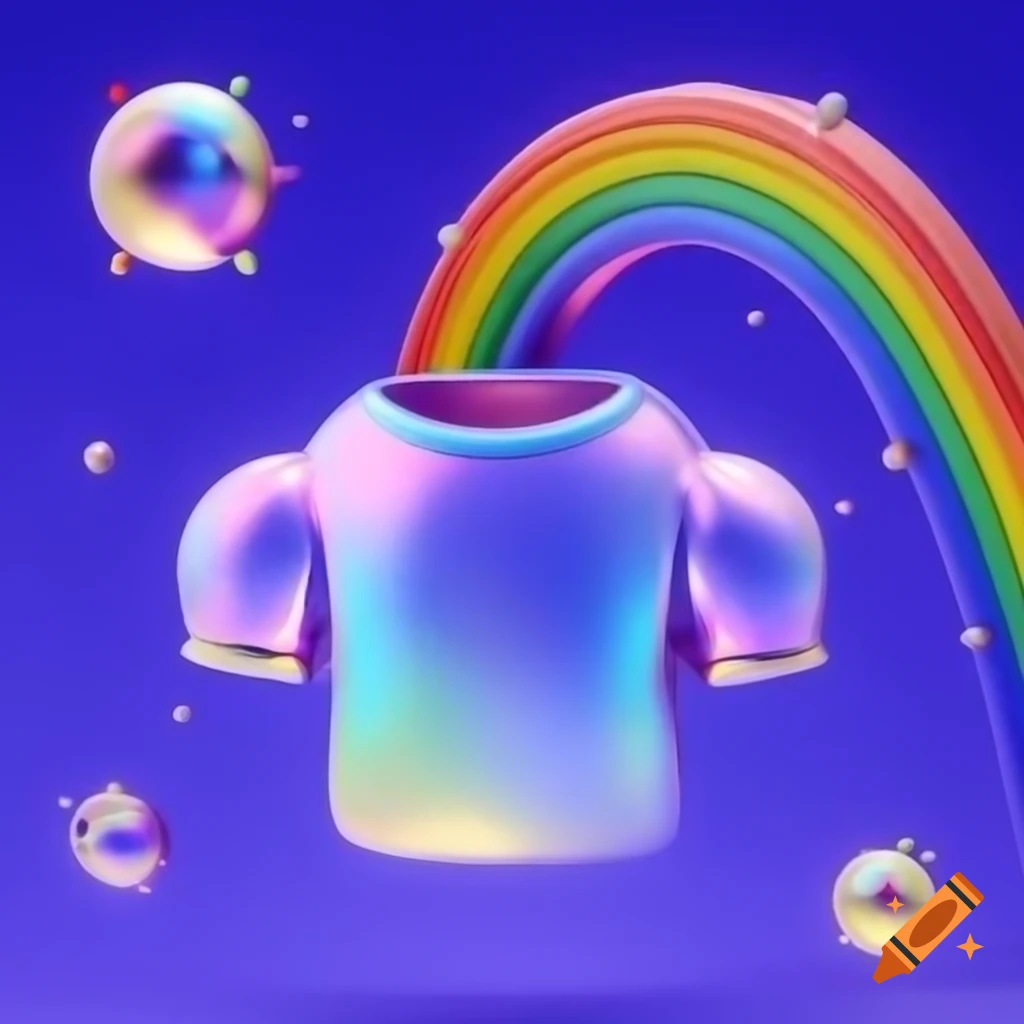 Iridescent shirt at the foot of a vibrant rainbow on Craiyon