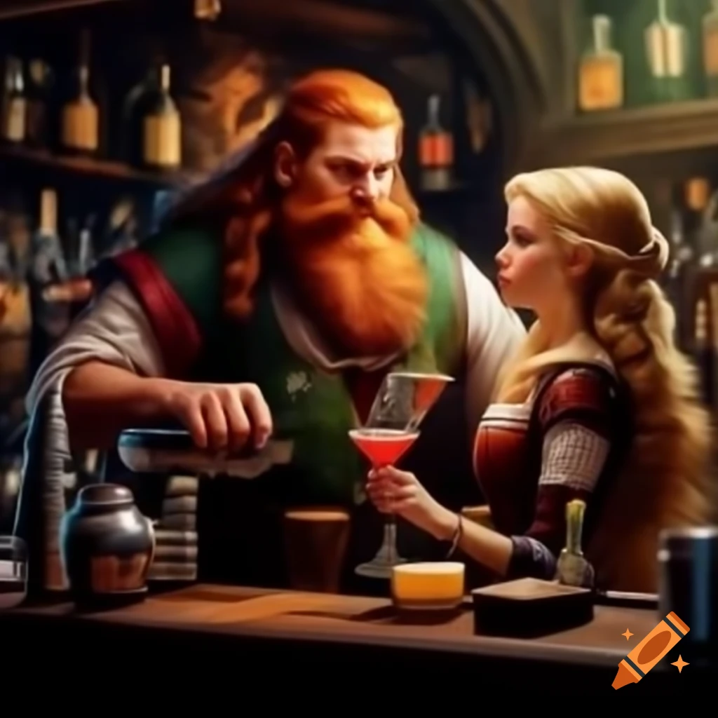 Red bearded bartender and his blonde wife in a medieval tavern setting ...