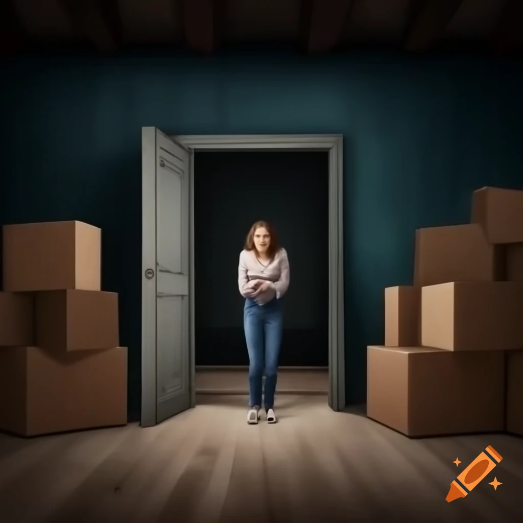 Woman in dark room filled with boxes, preparing to open a spooky wooden ...