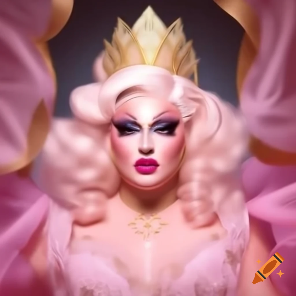 Modern goddess themed look for drag queen Bea Cumming in soft pink and gold gown on Craiyon