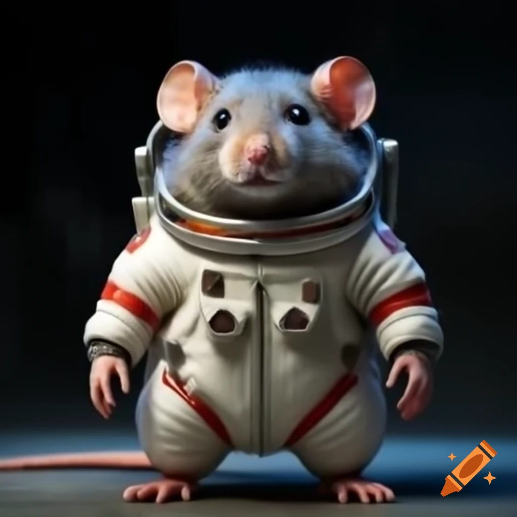 Intelligent rat in a white spacesuit with red accents and metallic ...