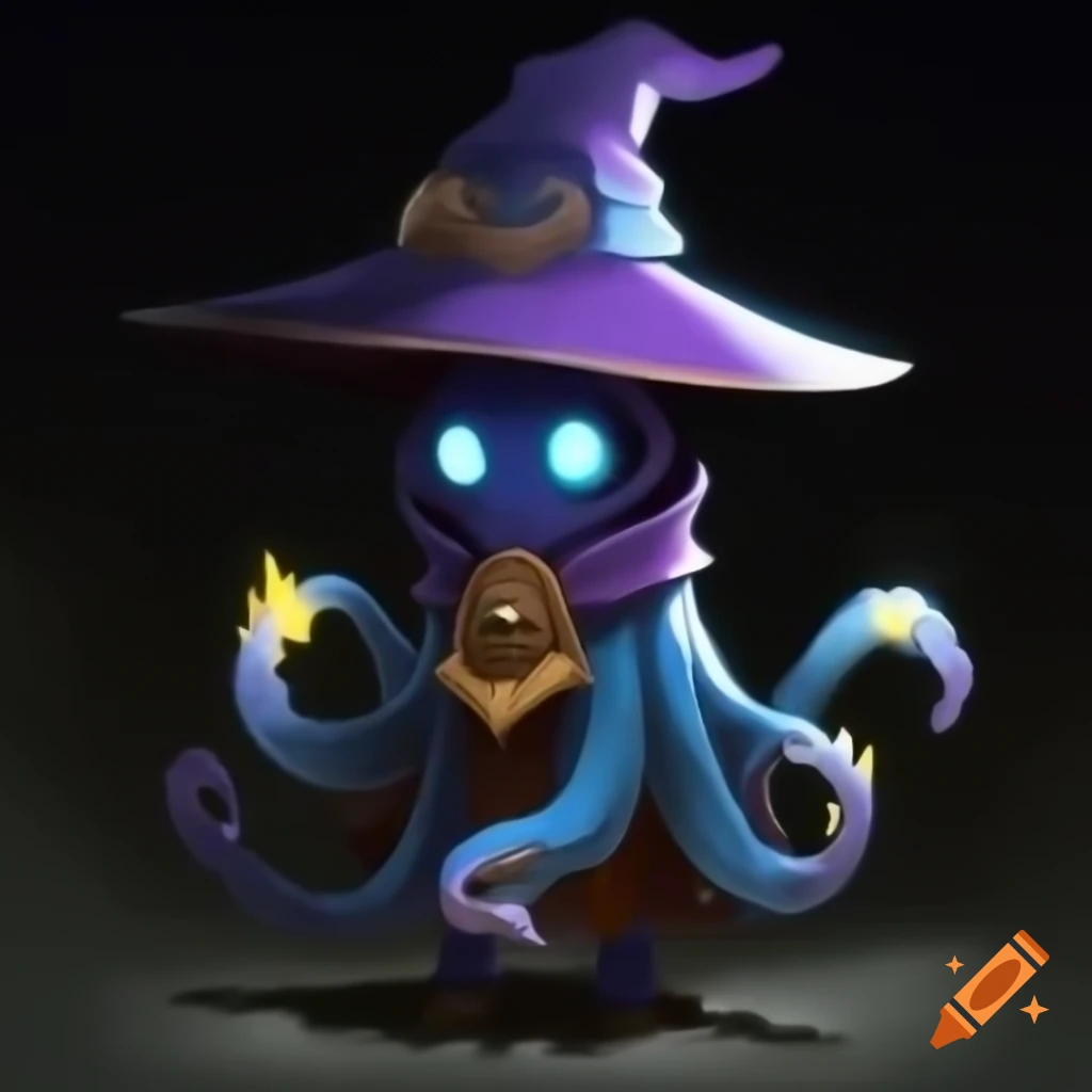 Humanoid squid mage with glowing eyes and wizard hat wielding mystical powers on Craiyon